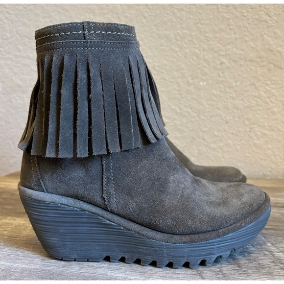 Fly London | Shoes | Fly London Yagi Sludge Fringe Suede Wedge Ankle ...